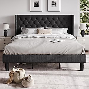 HOOMIC Classic King Size Bed Frame with Button Tufted Wingback Headboard, Upholstered Platform bed with Strong Wooden Slats Support, No Box Spring Needed, Black