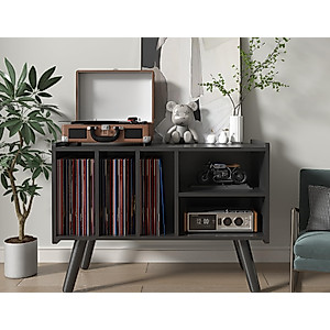 Record Player Stand with Vinyl Storage Holds Up to 300lb, Large Record Player Table Cabinet for Album Storage with Holder Vinyl Display Shelf, Wood Turntable Stand for Bedroom Living Room (Black)