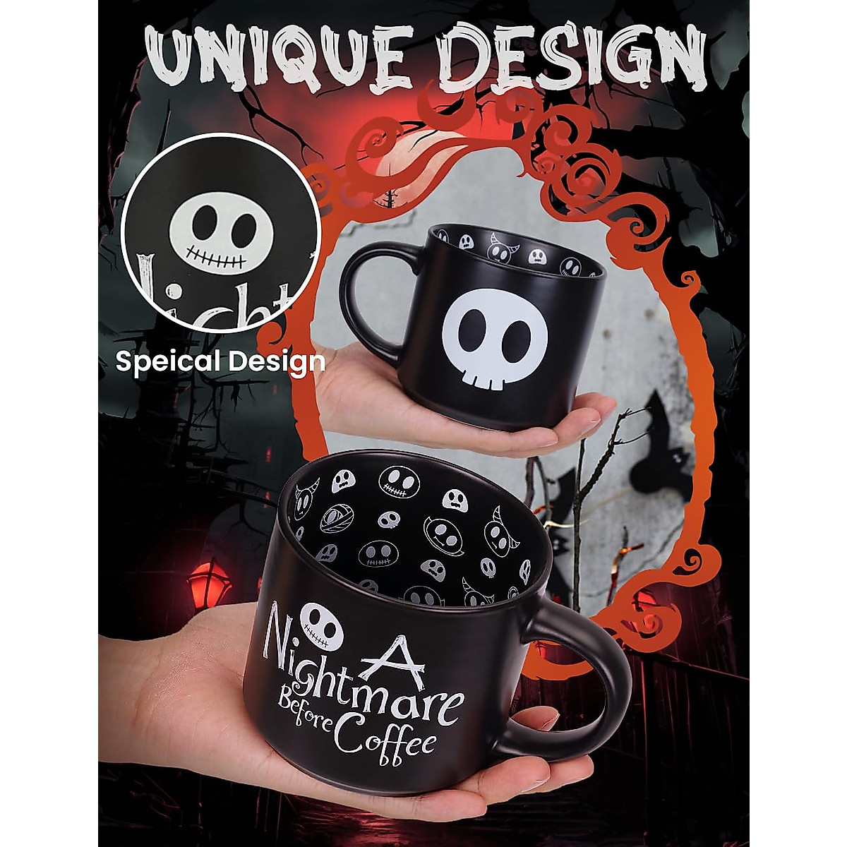 Cessfle Nightmare Before Coffee Christmas Mug, 14oz Ceramic Halloween Mugs, Jack Smile Face Skellington Mug, Spooky Halloween Themed Horror Movie Mug, Christmas Movie Cup