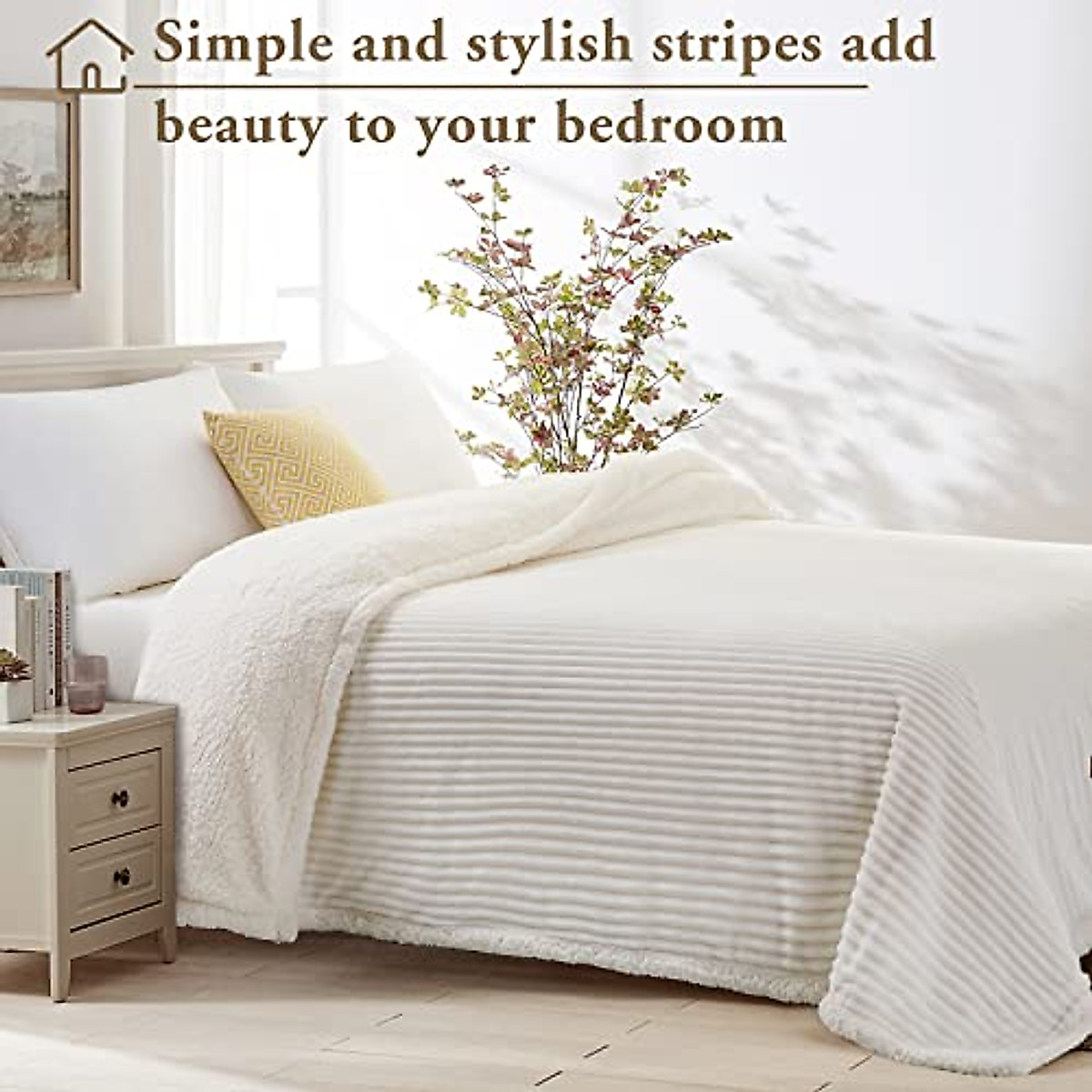LBRO2M Striped Sherpa Fleece Bed Blanket Queen Size, Super Soft Fuzzy Plush Warm Cozy Fluffy Microfiber Couch Throw Velvet Double Reversible Luxurious Blankets (90x90),Ivory