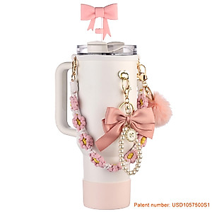 Stanley Cup Accessories Set Including Siliocne Straw Cover, Siliocne Boot, Water Bottle Handle Strap for Stanley Cup 40oz 30oz Tumbler with Handle (Pink butterflies)