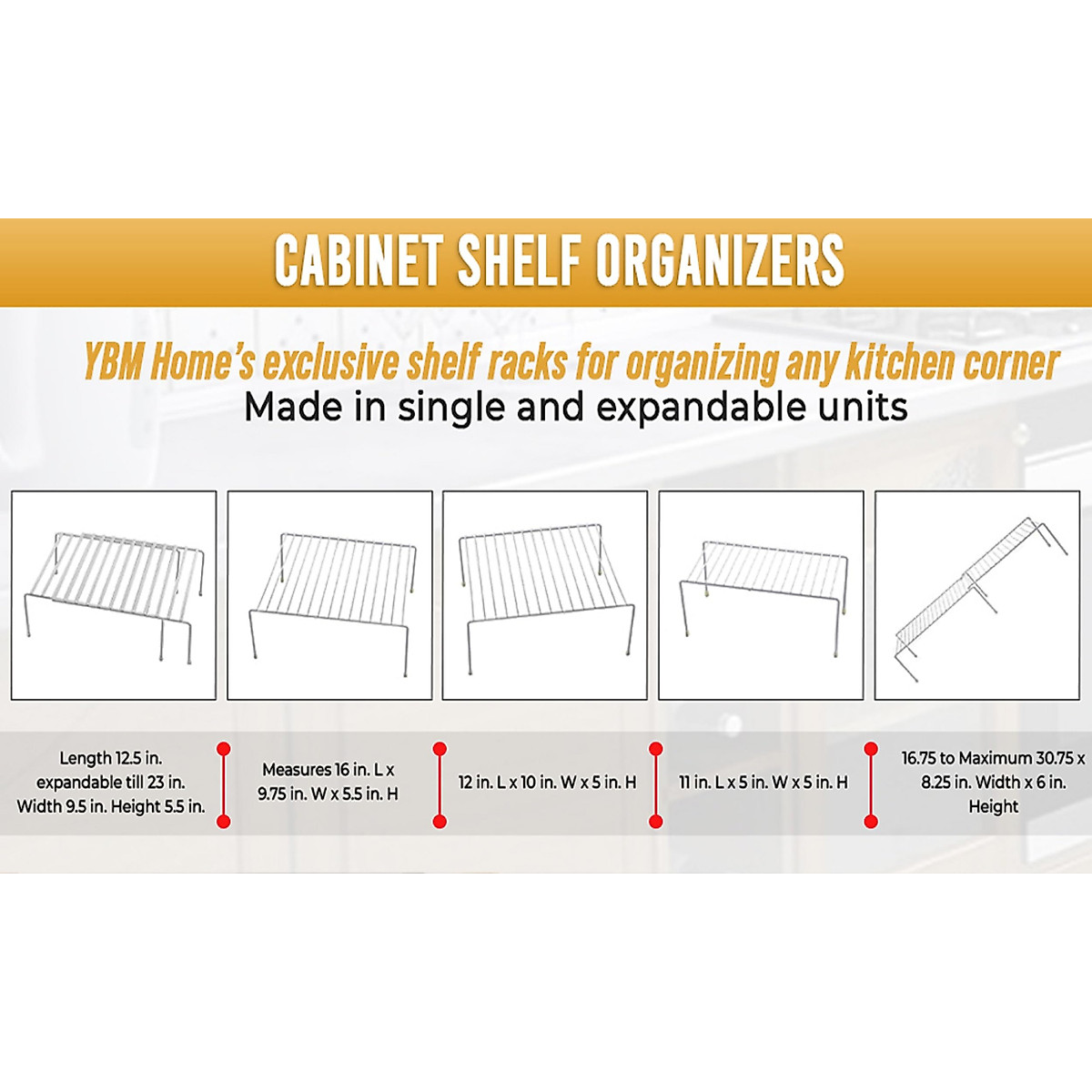 YBM Home White Wire Cabinet Helper Shelf Organizer and Storage Rack Helper for Kitchen, Expandable Kitchen Counter and Cabinet Shelf (1, 16"L x 9.75"W x 5.5"H)