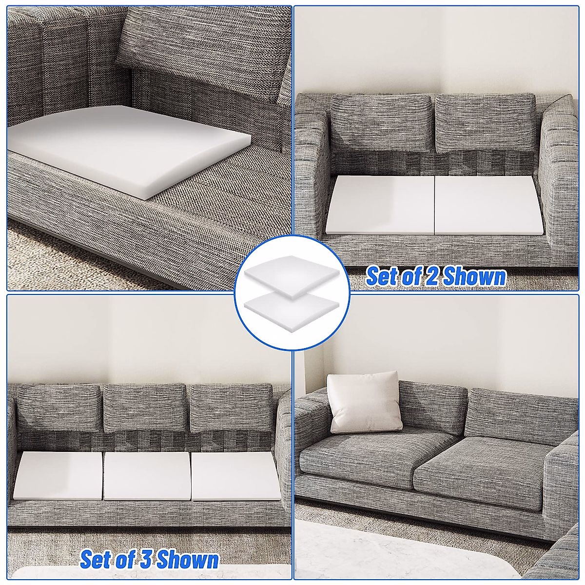 E-SDS Couch Cushion Support for Sagging Seat, High-Density Foam Cushion Repair Replacement（2" x 20" x 20", Set of 2）