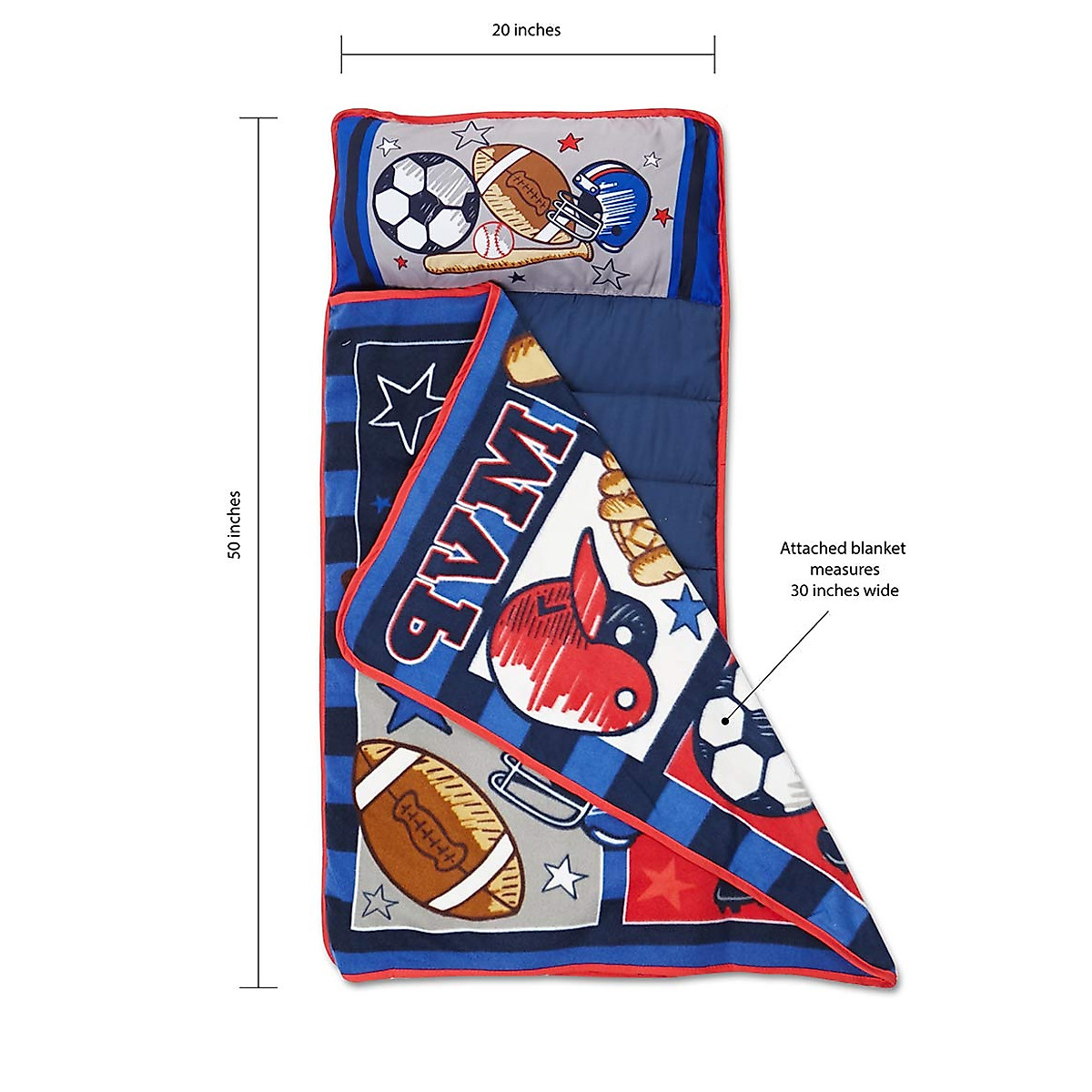 Baby Boom Funhouse MVP Sports Nap Mat Set - Includes Pillow and Fleece Blanket – Great for Boys Napping during Daycare or Preschool - Fits Toddlers, Blue