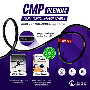 NewYork Cables | CAT6 Plenum Cable 1000ft (CMP) | UTP, 550MHz, 23AWG, 4Pair UTP 10GB Internet Cable | Quality Tested Bulk Ethernet Cable for Networking & Gaming (Black)