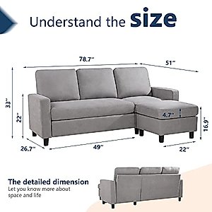JY QAQA Convertible Sectional Sofa Couch,78’’ L-Shaped Couch with Modern Linen Fabric 3-Seat Wide Reversible Chaise for Small Space(Light Grey)