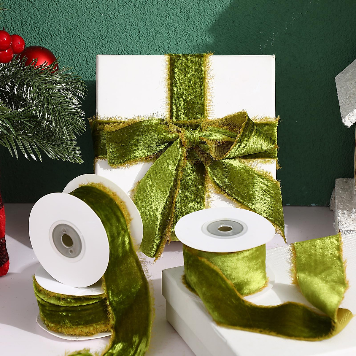 Preboun 4 Rolls Velvet Ribbon for Gift Wrapping 24 Yards Total Frayed Edge Velvet Silk Ribbon for Valentine‘s Day Wedding Baby Shower DIY Crafts Decor(Olive Green,1.5 Inch)