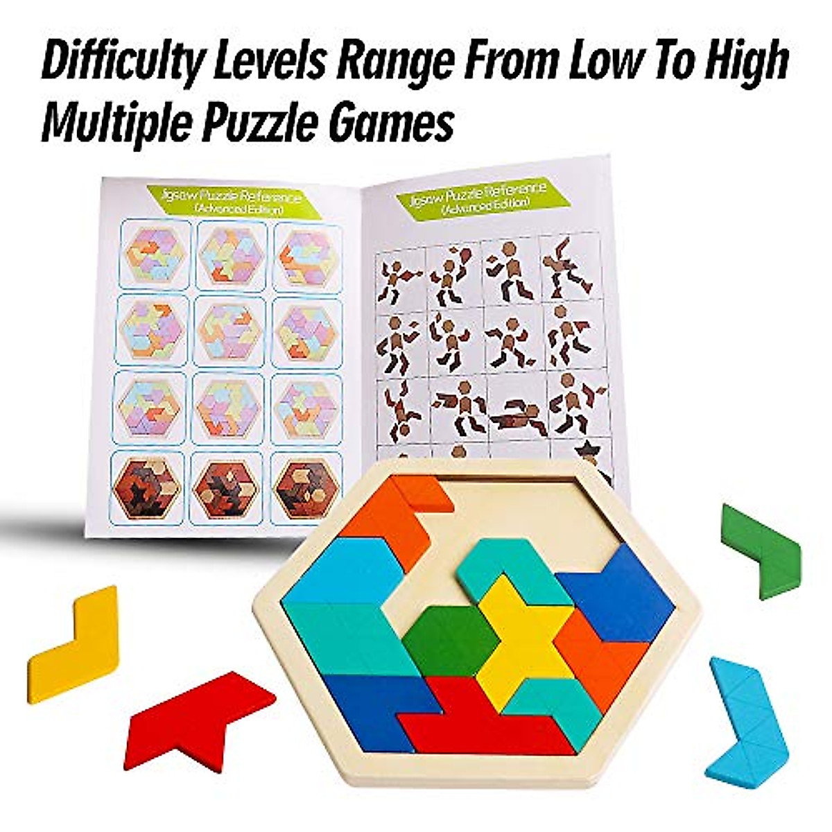 Wooden Hexagon Puzzle for Kid Adults Brain Teaser Blocks Puzzles Games Toy Shape Pattern Block Tangram Geometry Logic IQ STEM Montessori Educational Gift for All Ages Children Boys Girls Challenge