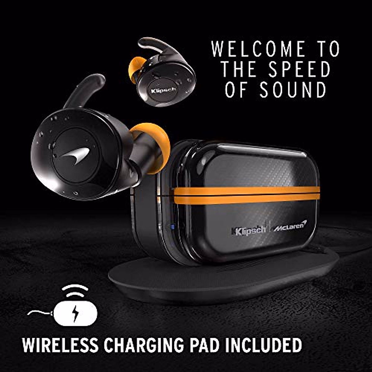 Klipsch T5 II True Wireless Sport Earphones McLaren Edition with Dust/Waterproof Case & Earbuds, Best Fitting Ear Tips, Ear Wings, 32 Hours of Battery Life, & Wireless Charging Case