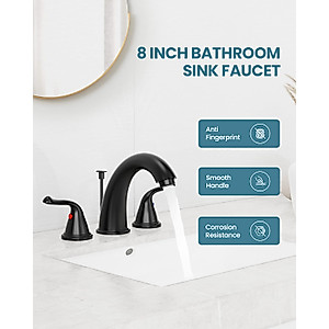 Black Bathroom Faucets, Faucet for Bathroom Sink - 2 Handle Basin Faucet, 3 Hole 8 Inch Widerspread Bathroom Faucet with Lift Rod Drain Assembly, Water Supply Lines Faucets for RV Bath Vanity