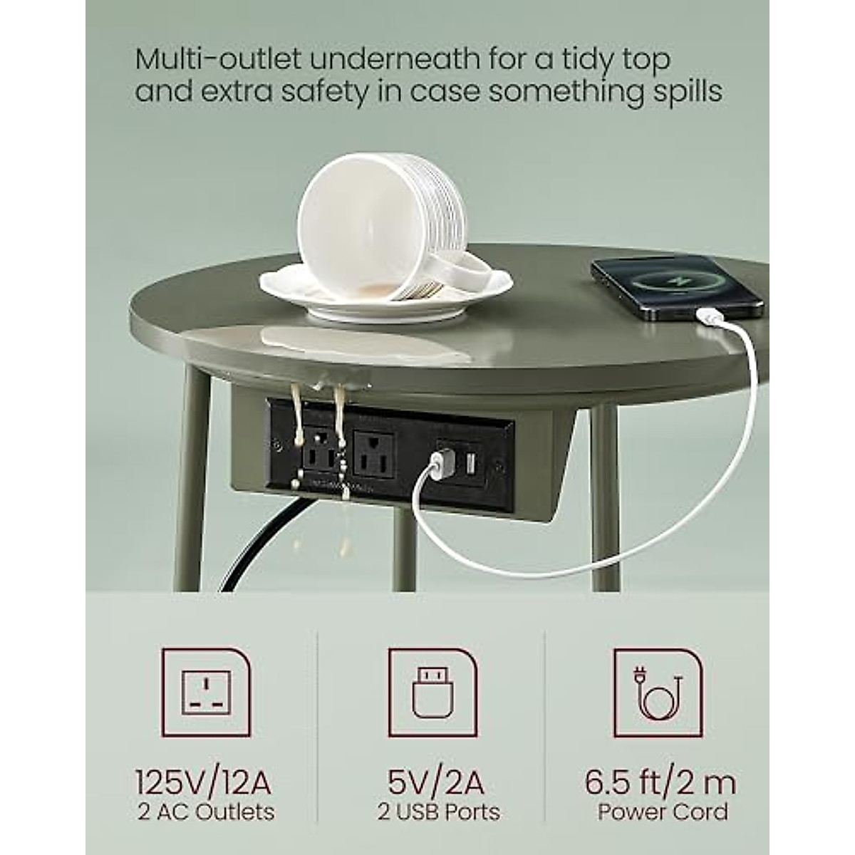 VASAGLE Side Table with Charging Station, Round End Table With Fabric Basket, Nightstand with Power Outlets USB Ports, for Living Room, Bedroom, Modern, Forest Green and Cream White ULET228C04