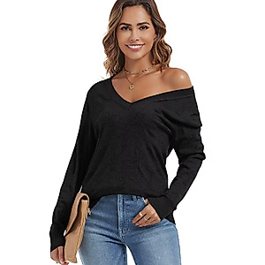 FEKOAFE Women's Long Sleeve V Neck Sweater Tops 2025 Fall Winter Trendy V Neck Casual Pullover Tops Black S