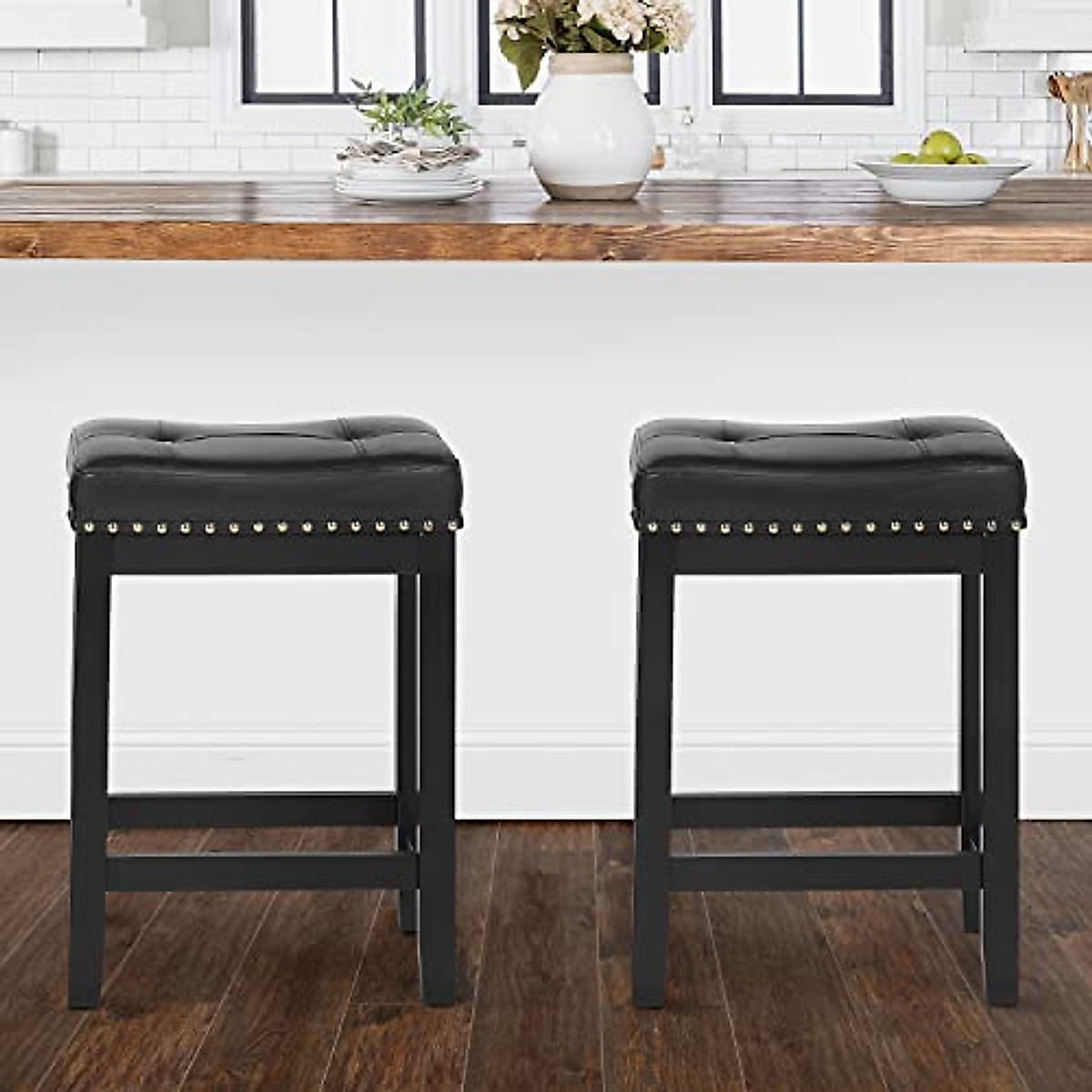 PayLessHere Bar Stools Set of 2 of PU Leather Barstools for Kitchen Counter Solid Wooden Saddle Stool 24”H Height Bar Stool