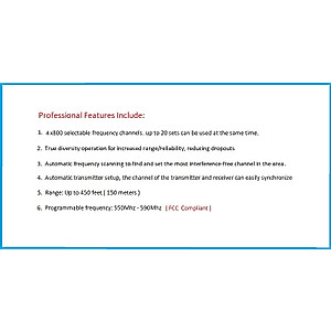 GTD Audio 4x800 Selectable Frequency Channels UHF Diversity Wireless Hand-held/Lavalier/Lapel/Headset Microphone Mic System 400fts