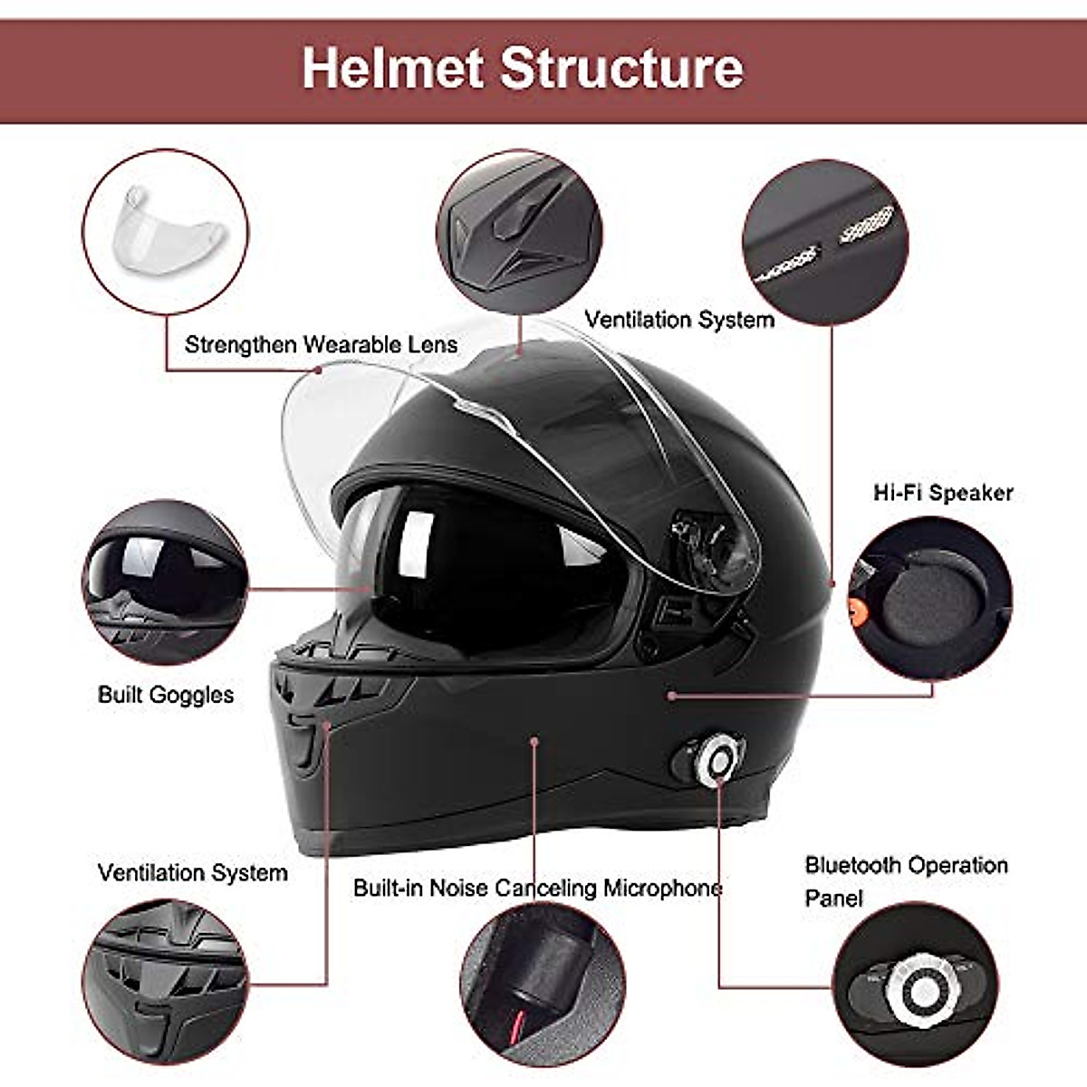 Martian Motorcycle Bluetooth Helmet Full Face Dual Visor with Bluetooth Headset 6 Riders intercom & 1000 Meter Communication