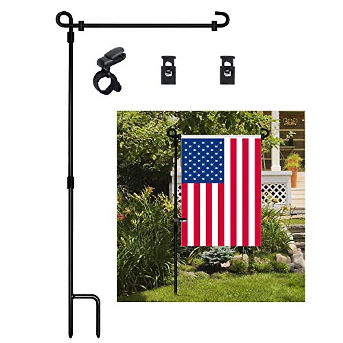 HOOSUN Garden Flag Stand, Premium Garden Flag Pole Holder Metal Powder-Coated Weather-Proof Paint with one Tiger Clip and two Spring Stoppers without flag