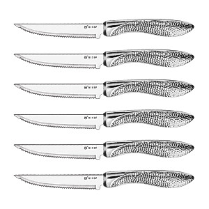 HISSF Serrated Steak Knives, Stainless Steel Sharp Blade Flatware Steak Knives Set of 6, Unique Hammered Pattern Hollowed Handle,4.5 In,For Kitchen Restaurant Tableware, Dishwasher Safe