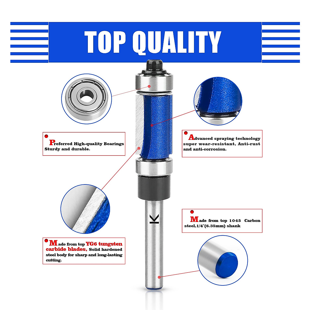 NICAVKIT 4Pcs Top and Bottom Bearing Flush Trim Router Bits Set 1/4 Inch Shank, Carbide Pattern Flush Trim Cut Router bit, 1/2 Inch Cutting Diameter, 3/4", 1", 1-1/4", 1-1/2" Inch Cutting Length