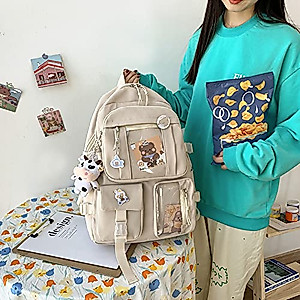 Eagerrich Kawaii Backpack with Cute Pin Accessories Plush Pendant for School Bag Student Girl Backpack Super-Capacity Waterproof Travel Backpack(Beige)
