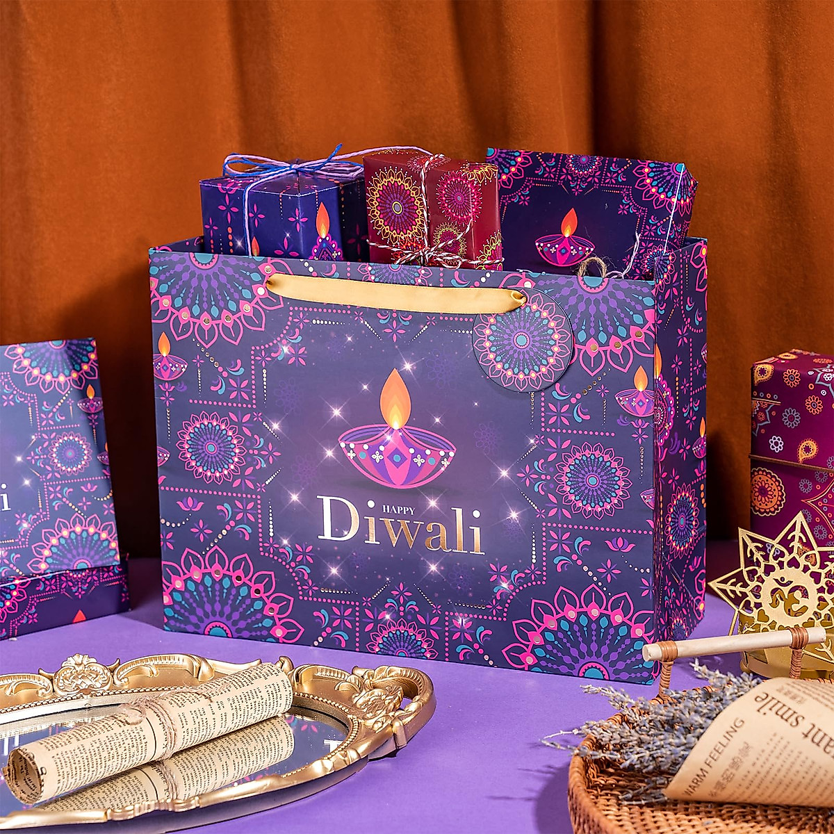 Loveinside Diwali Gift Bag with Tissue Paper, Gift Tag and Greeting Card for Diwali, Autumn, Holiday and Party - 13" x 5" x 10", 1 Pcs, Diwali