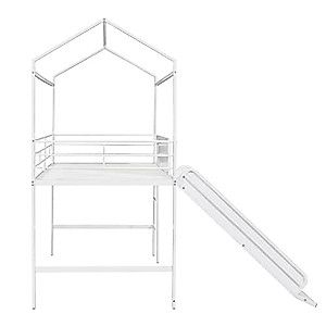 BOVZA Twin Size Metal House Loft Bed with Slide and Roof, Multifunctional Loftbed Frame with Two-Sided Writable Wooden Board, White