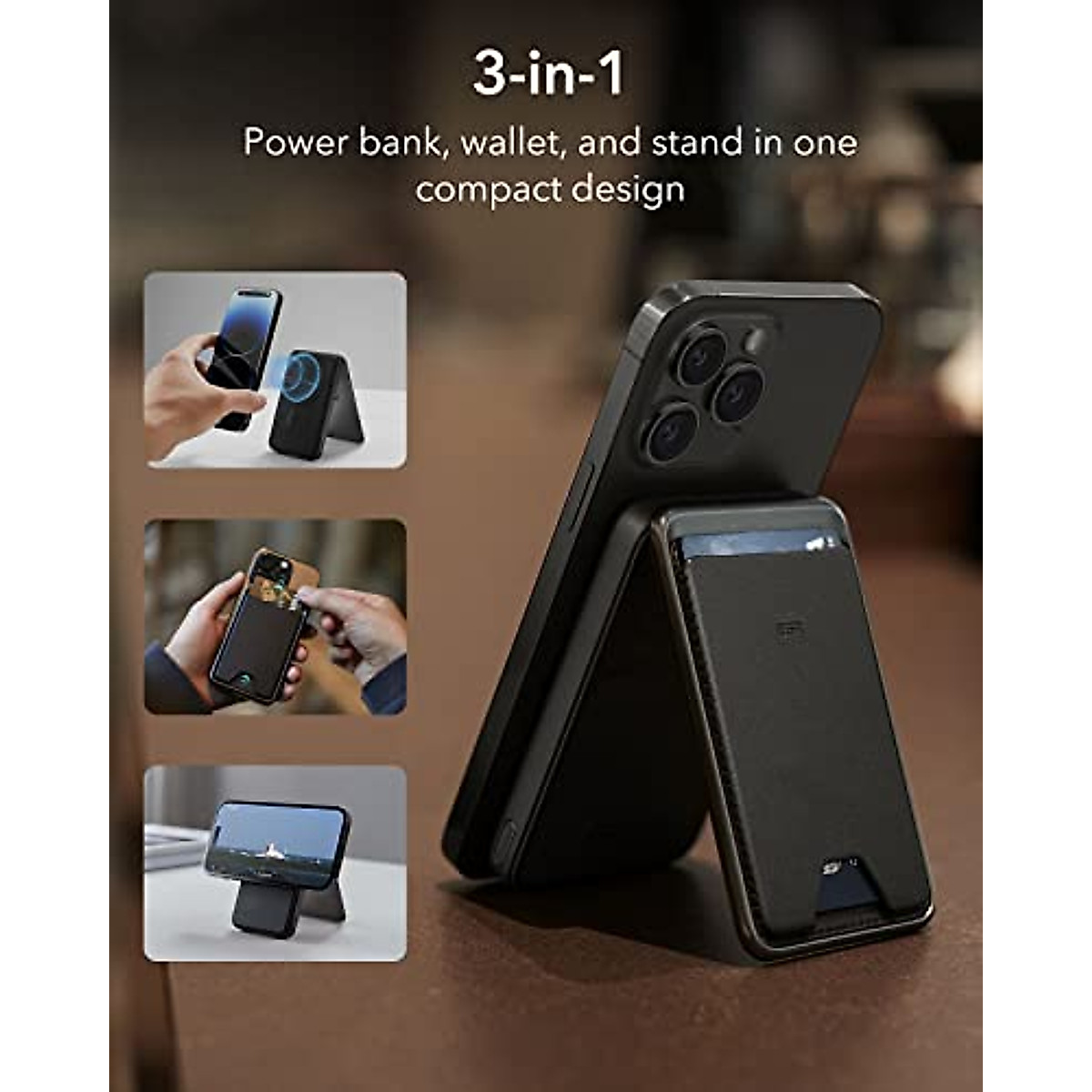 ESR 5,000mAh Wireless Power Bank Wallet with USB-C Cable (HaloLock), Compatible with MagSafe Battery Pack, Wireless Portable Charger, Magnetic Wallet for iPhone 15/14/13/12 (Except 13/12 Mini), Black