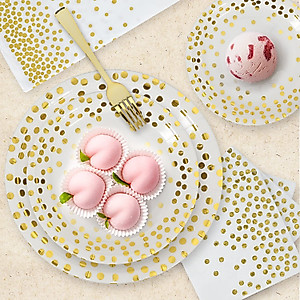 CENLBJ Disposable Plates 100 Pack - White & Gold Paper Plates 50 x 7, Gold Dot Napkins 50 x 6.5, Party Supplies for Weddings, Birthdays & All Occasions