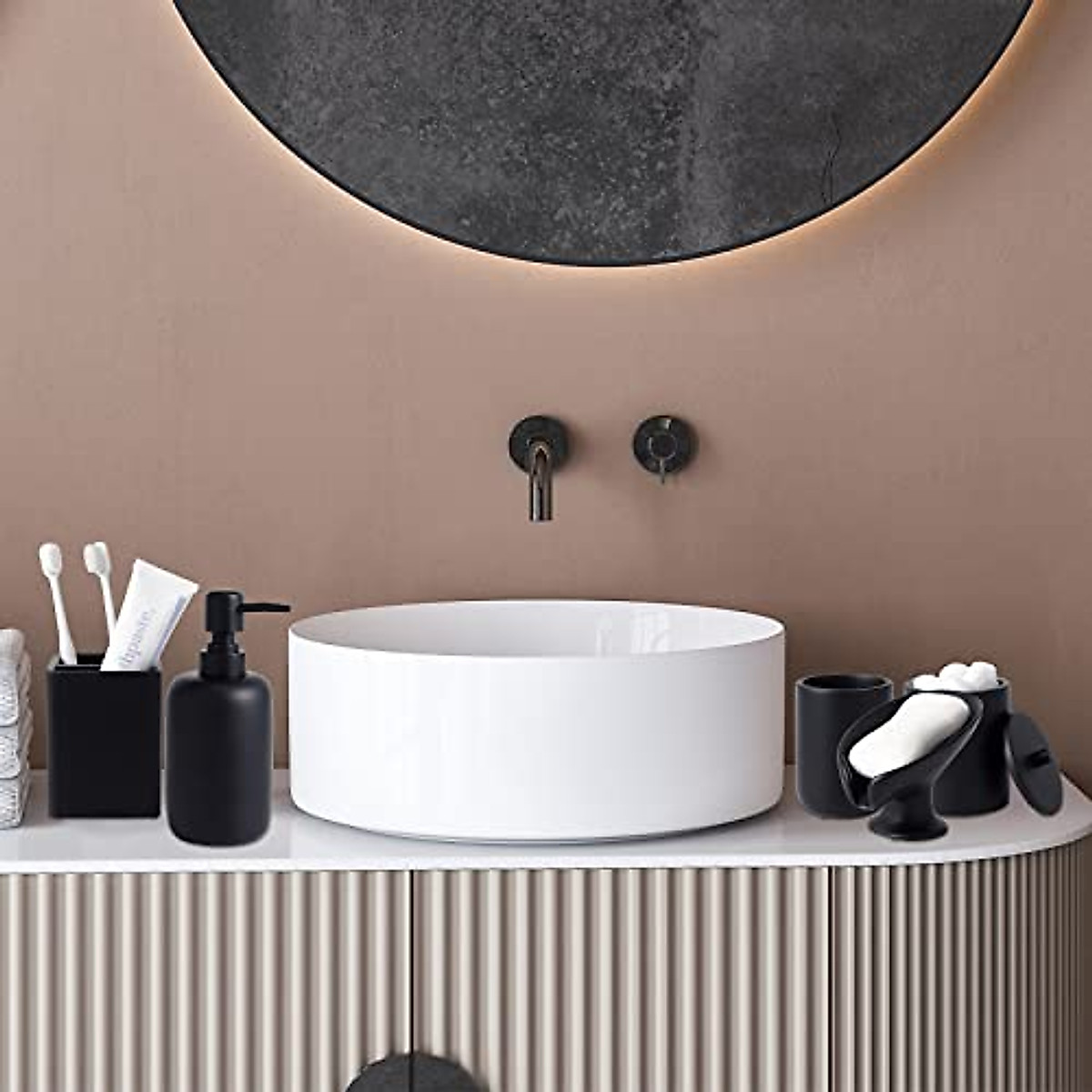 Resin Matte Black Bathroom Accessory Set of 5, Lotion Soap Dispenser, Bathroom Organizer Accessories, Toothbrush Holder, Self Draining Soap Hoder and Bathroom Tumbler for Modern Home Decor