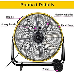 VENTISOL 24 Inch Industrial Floor Drum Fan, 8600 CFM Heavy Duty Floor Fan 3-Speed Air Circulator with Castors, High Velocity Commercial Shop Fan for Warehouse, Basement, Facotry, Barn, Garage