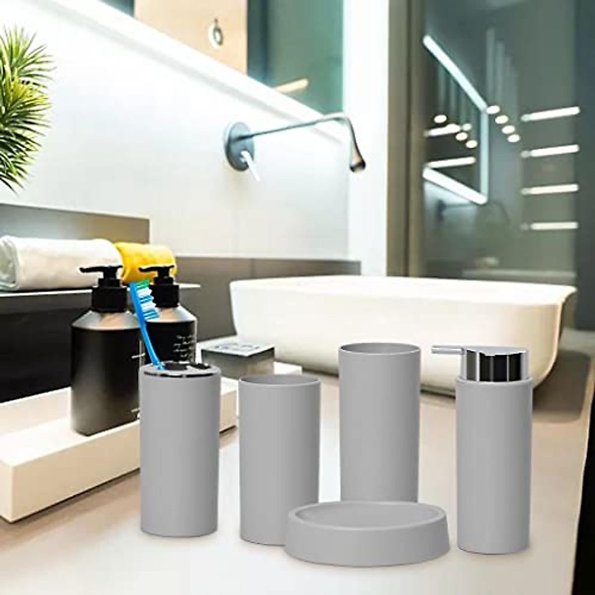 5Piece Bathroom Accessories Set Soap Dispenser Luxury Soap Dish for Office, Gray