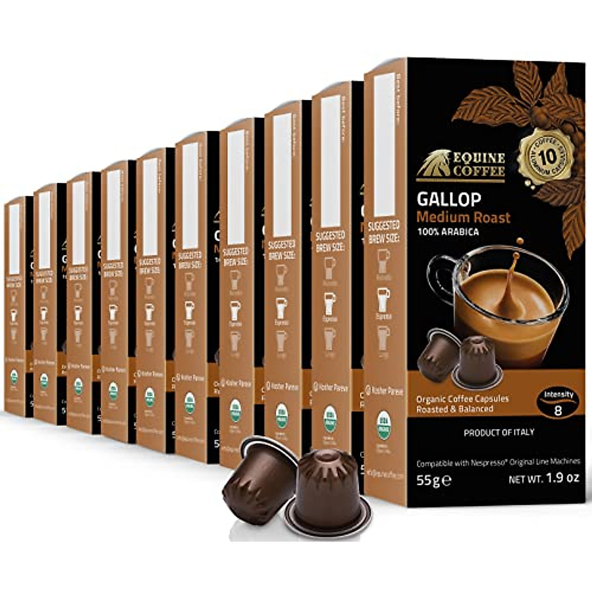 Organic USDA Equine Coffee Aluminum Espresso Pods for Nespresso Original Brewers | 100 Pack Italian Nespresso Compatible Capsules | 100% Arabica Medium Roast Intensity # 8 | OU Kosher (Gallop)