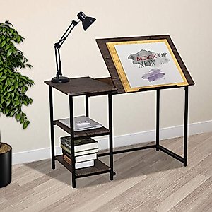 RAAMZO Drafting Table, 44” Drawing Table with Adjustable Tiltable Tabletop, Multi-Function Office Desk with Storage Shelves, Computer Laptop Writing Workstation for Painting, Vintage Brown/Black