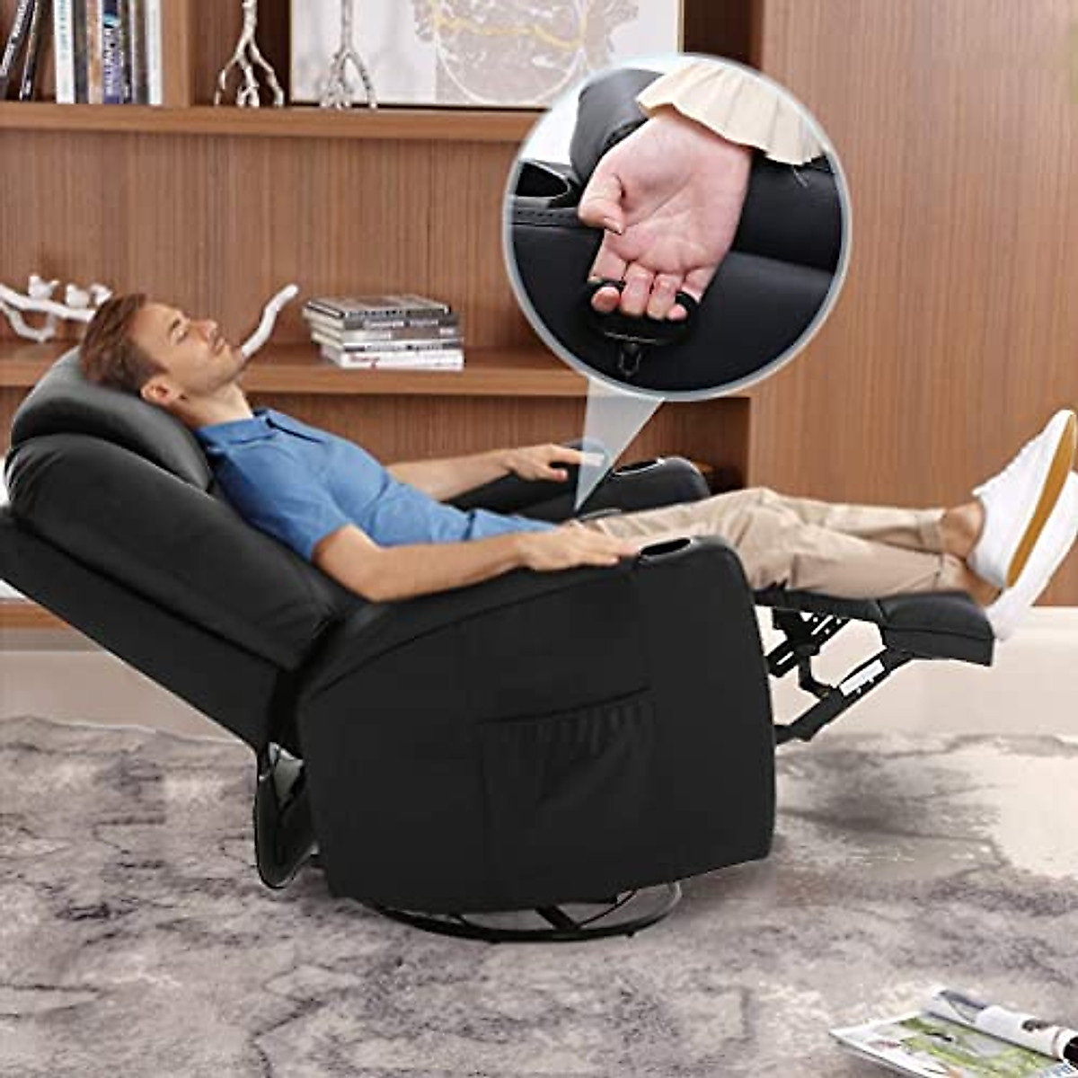 Massage Recliner Chair Rocking Swivel Chair with Heated Massage Ergonomic Lounge 360 Degree Swivel Single Sofa Seat and Two Hidden Cup Holders (Black)