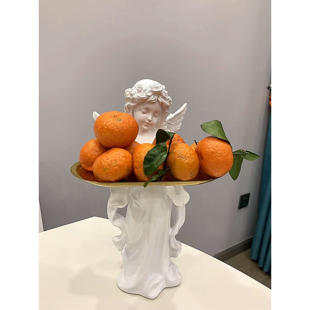 Z1SR Desktop Angel Figurines Holding Storage Tray, 12'' Tall Watch Key Snack Jewelry Holder Decorative Tray Resin Angel Statue with Tray in Hands Home Office Desktop Decoration, White