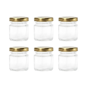Rormket 1.5oz 6Pack Mini Glass Hexagon honey Jars Gold Lids, Jam Honey Dipper，Wedding Favors，Baby Food，Candle，Crafts Canning Jar，Glasses jar (Golden)