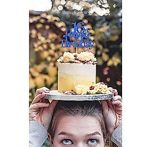 Pargleev Glittery 16th Cake Topper with Star Boys and Girls 16th Birthday Party Supplies, Sixteen Years Old Birthday Party Decorations Royal Blue
