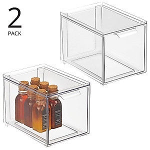 mDesign Plastic Pantry Organization and Storage Bin w/Pull Out Drawer - Slim Stackable Kitchen Supplies Storage Container for Organizing Cabinet, Fridge, Freezer - Lumiere Collection - 2 Pack - Clear