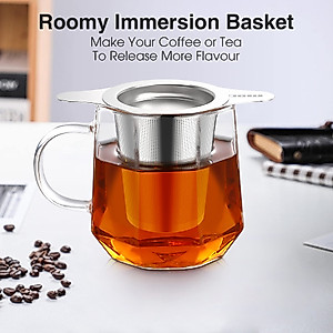 IPOW Reusable Stainless Steel Coffee Filter, Paperless Coffee Maker Strainer, Double Fine Mesh Basket for Loose Tea& Ground Coffee, Coaster Lid, Long Handle for Cup, Mug &Teapot