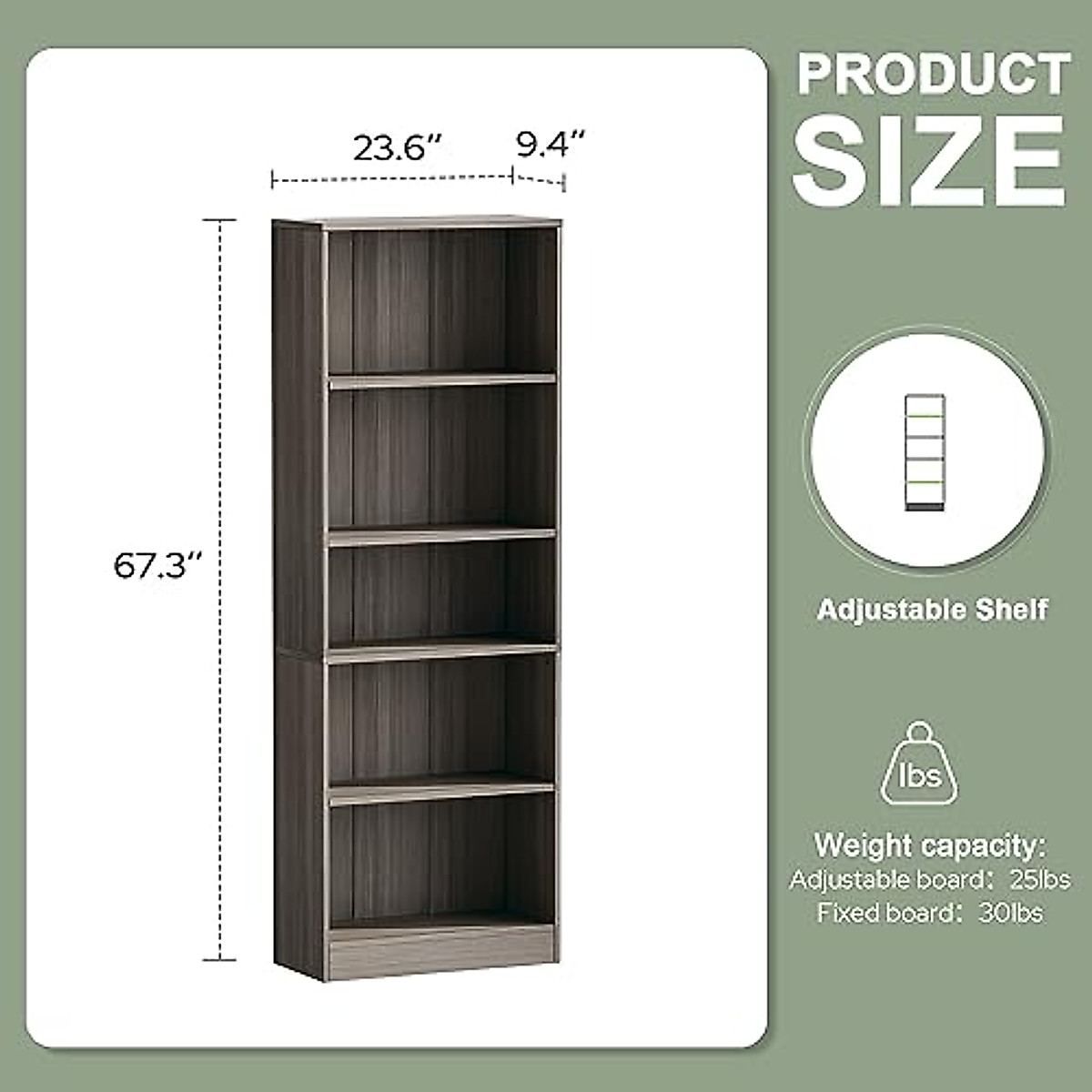 VICLLAX 5-Shelf Wood Bookcase, Narrow Adjustable Open Bookshelf, Tall Display Storage Shelf for Living Room, Bedroom, Kids Room, Office, Grey