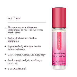 Pure Romance Basic Instinct Pheromone Perfume for Women – Enhanced Long Lasting Roll-On Oil – Attract Men – Travel-Ready, 35 Fl Oz