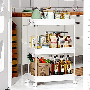 SPACEKEEPER Storage Rolling Cart, 3 Tier Laundry Room Organization Utility Cart Bathroom Organizer Mobile Shelving Unit Shelves Multi-Functional Trolley, White