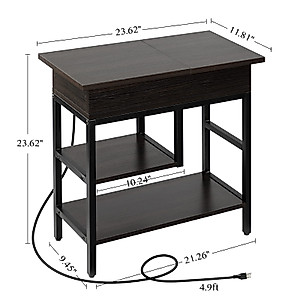 Hadulcet Side Table with USB Ports and Outlets, Narrow Sofa End Table with Storage Shelf for Small Spaces, Nightstand with Charging Station Bedside Table for Living Room, Black Walnut