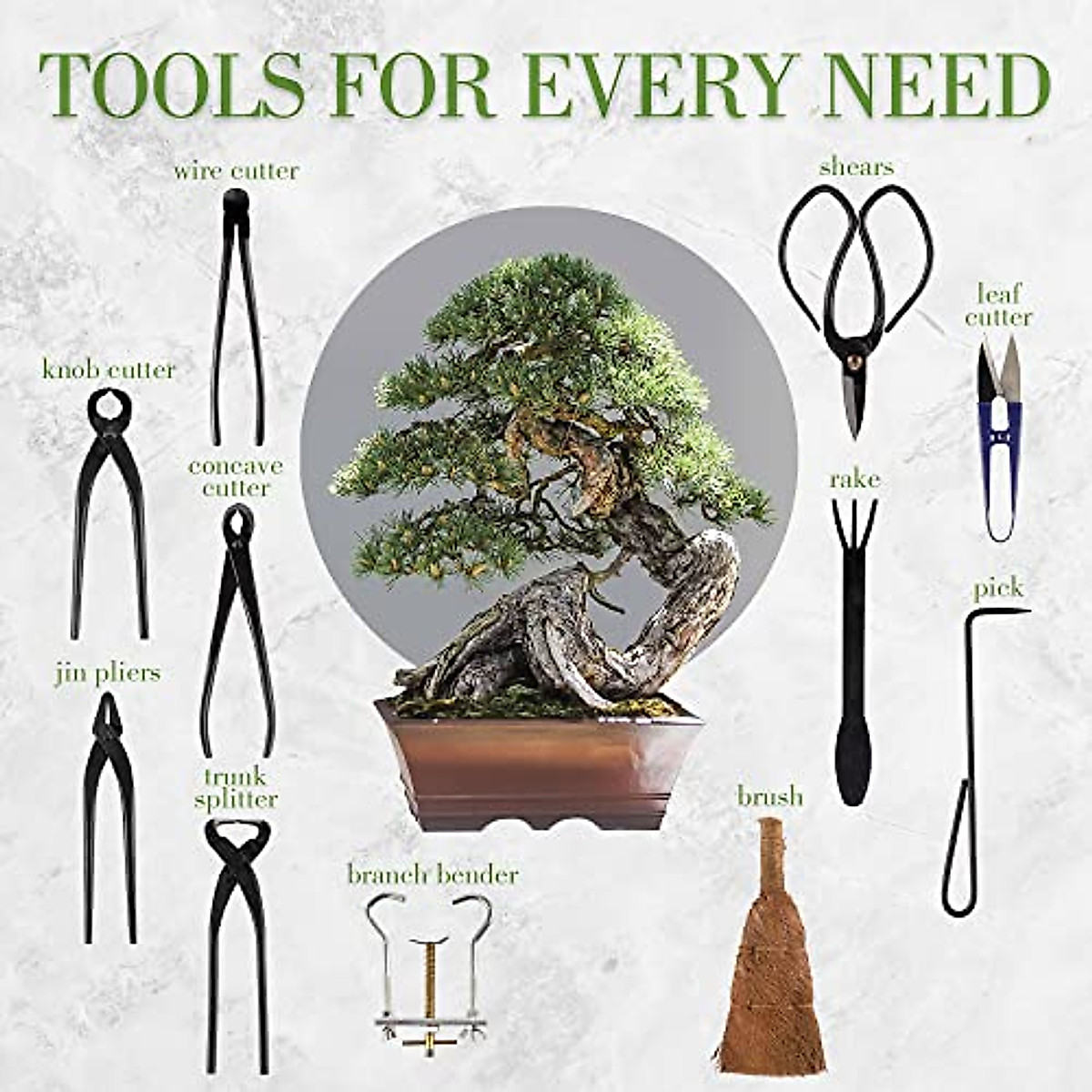 BambooMN 15 Piece Bonsai Master Tools Set with Case, Shears, Concave Cutter, Knob Cutter, Wire Cutter, Bonsai Trimming, Branch Bending, Beginner Friendly - 1 Set