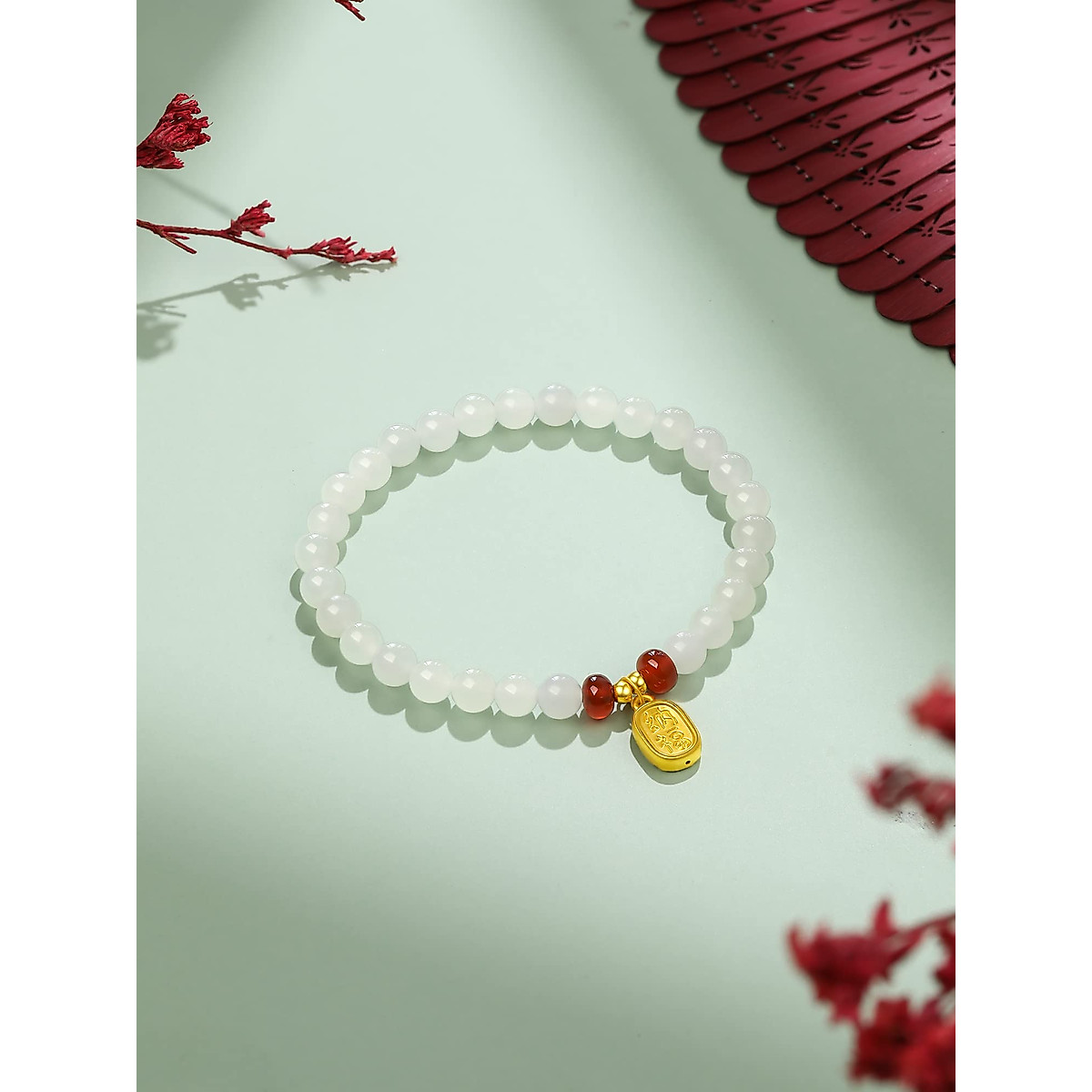 ZHOU LIU FU 24K Solid Gold Bracelets, Real Pure Gold Jewelry White Nephrite Jade Beaded Bracelets Dainty Gold Fortune Plate for Women Men Teen Girls