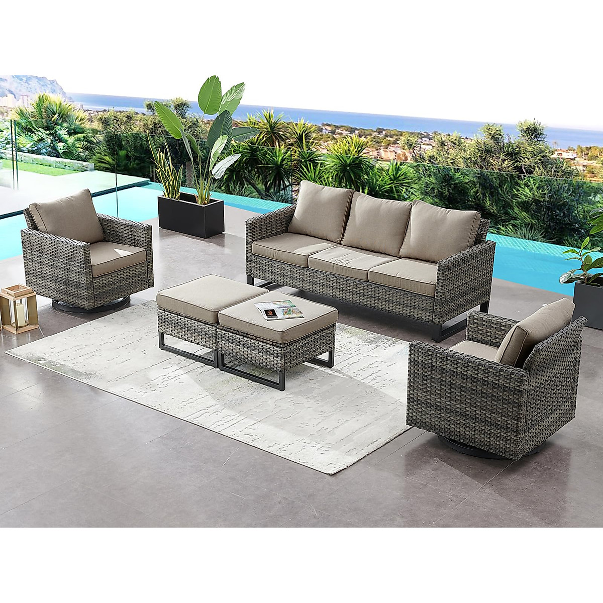 HUMMUH 5 Piece Patio Furniture Set Outdoor Sectional Sofa,PE Wicker Patio Swivel Rocker Chairs with Ottomans for Porch,Garden,Backyard
