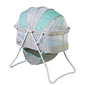 Karley Bassinet in Blue & Grey, Lightweight Portable Baby Bassinet, Quick Fold and Easy to Carry , Adjustable Double Canopy, Indoor and Outdoor Bassinet with Large Storage Basket.