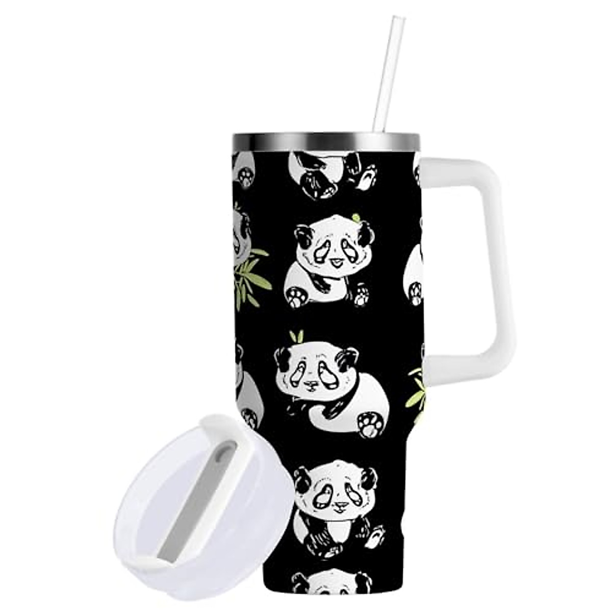 RPLIFE Playful Pandas Black Stainless Steel Tumbler, Insulated Coffee Cups with Lids, Coffee Tumbler for Women