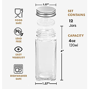 ROYALHOUSE 12 Pcs Glass Spice Jars/Bottles - 4oz Empty Square Spice Containers with Spice Labels and Airtight Metal Caps with Shaker Lids