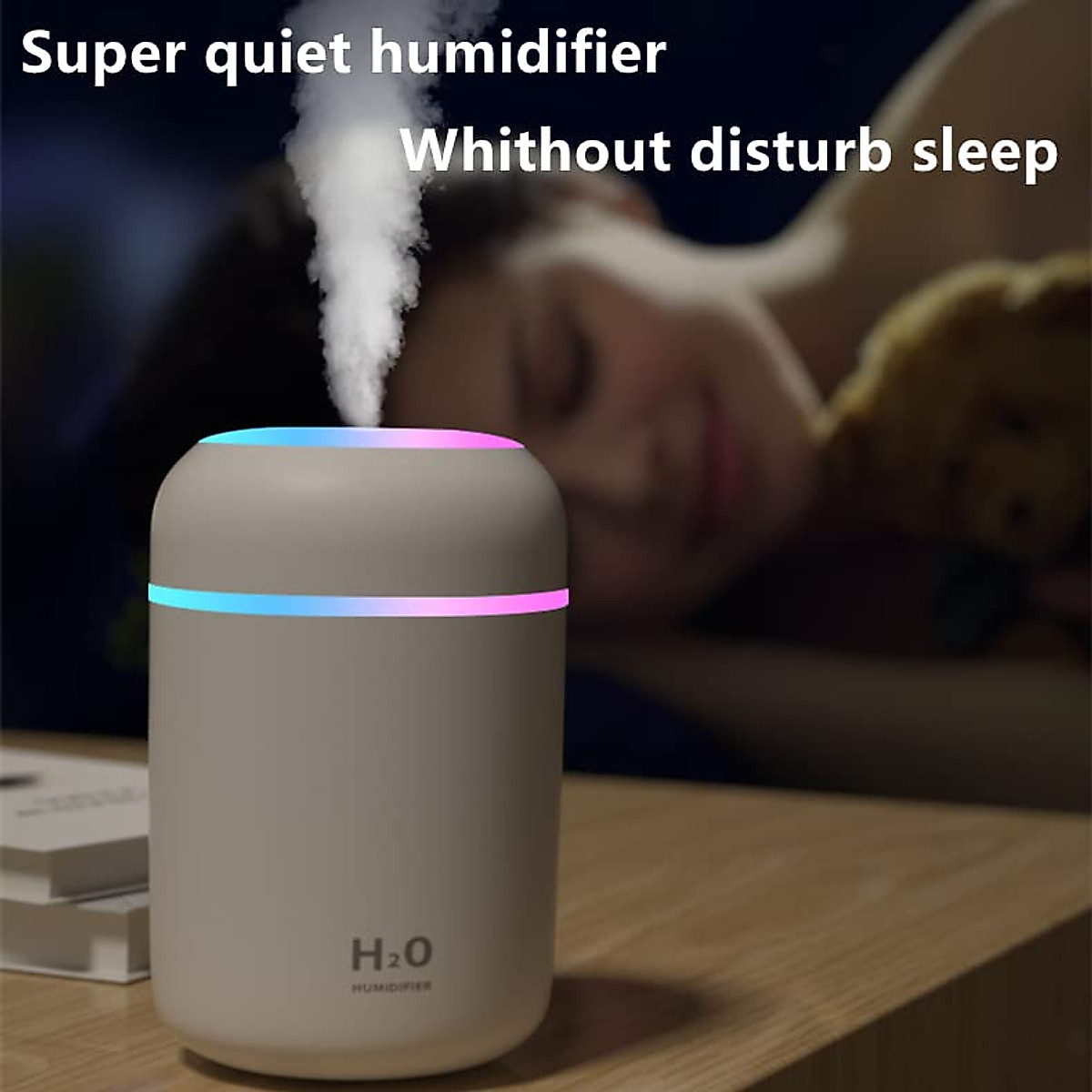Colorful Cool Humidifier USB-Only 300ml Portable with 7 Colors 2 Fog Mode Ultra Quiet Suitable for Home Car Bedroom Office and Travel (Gray)