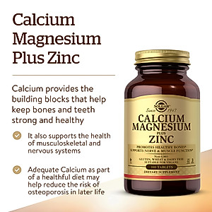 Solgar Calcium Magnesium Plus Zinc, 100 Tablets - Promotes Healthy Bones and Teeth - Supports Nerve & Muscle Function - Non GMO, Vegan, Gluten Free, Dairy Free, Kosher, Halal - 33 Servings